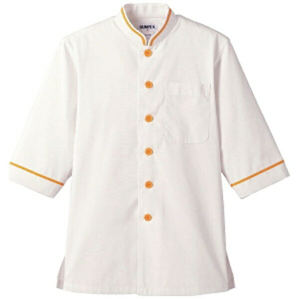 ■オフホワイトの生地に、イエロー色のボタンと線のアクセントが入ったショップコートです。■男女兼用となっております。■左胸の外側にポケットが付いています。