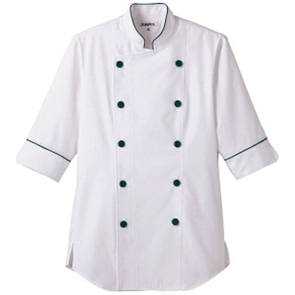 ■ホワイトの生地に、グリーン色のボタンと線のアクセントが入ったショップコートです。■男女兼用となっております。