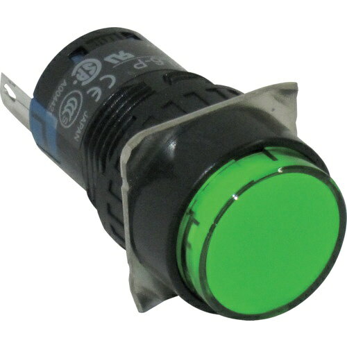 ■保護等級IP40（IEC 60529）です。■UL、CSA、CCC認証およびEN規格適合品です。【用途】・小型表示灯ユニット。【仕様】・発光色： 緑・LED照光、AC/DC24V、内蔵・レンズ部寸法： φ18mm