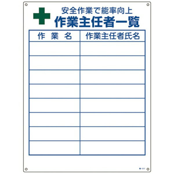 ■労働安全衛生規則に基づく標識です。■作業主任者の氏名を一覧で表示します。【用途】・当該情報の明示に。【仕様】・表示内容： 作業主任者一覧・取付仕様： 穴4ヵ所・縦（mm）： 600・横（mm）： 450・厚さ（mm）： 1・取付穴径（mm...