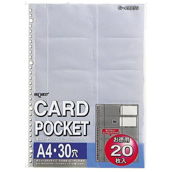 A4・S　30穴タイプのカード収納用横入れタイプポケット。環境対応型ポケット交換タイプの名刺帳にお使い下さい。片面で10枚、両面で20枚入ります。A4・S型 30（2・4）穴。1組20枚入り。