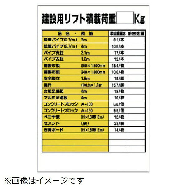 ■工事リフトの積載荷重制限に関する注意喚起標識です。■摘要：穴6■寸法(mm)：900×600×1.2厚■内容：建設用リフト積載荷重○kg■内容：建設用リフト積載荷重○kg■寸法(mm)：900×600×1.2厚■エコユニボード