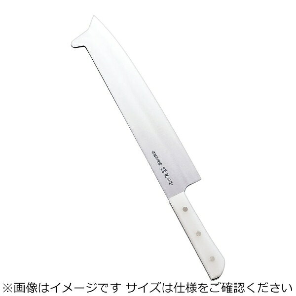 白銀安来鋼を使用した、遠藤商事の源正守角付冷凍包丁。樹脂製の柄で、全長475mm、耐熱温度90℃です。冷凍食品もスムーズに切れる、プロ仕様の包丁です。