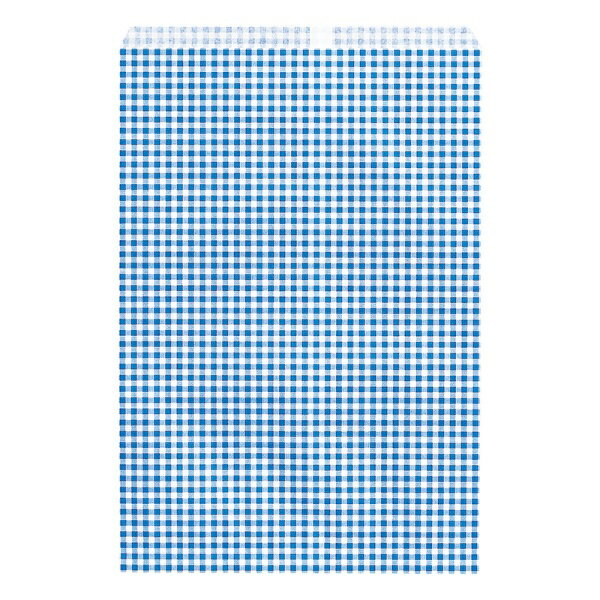 定番のチェック柄（青）がシンプルで使いやすい、お買上げ袋や景品袋としてぴったりなサービス袋です。A4便箋・ルーズリーフ・封筒・色紙などに最適なサイズです。使いやすい平袋タイプ。ベロ付き。マチなし。サイズ：245×360mm。100枚入。