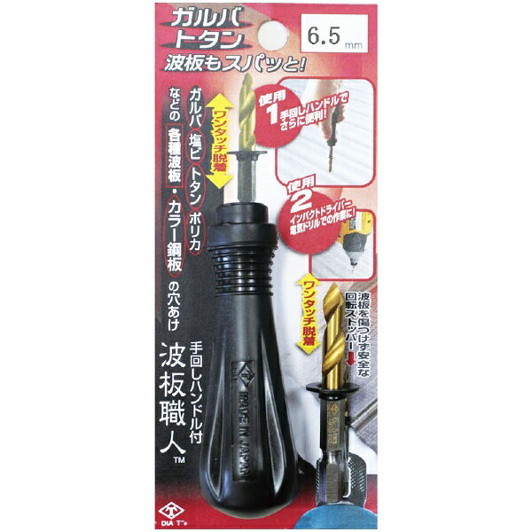 付属の手回しハンドルで、樹脂系波板,薄鋼板の穴あけ。