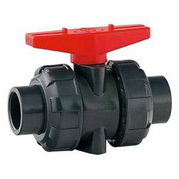 ●塩ビ配管用接着式バルブ。●バルブの両側がユニオン継手になっています。●農水産業などの配管に適しています。●使用温度： 45℃以下、使用圧力： 0.98MPa以下 （水撃値を含む）。●屋内配管には使用しないでください。●材質： PVC、EPDM