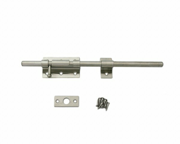 開き戸などを固定する金具です。防犯用補助錠金具開き戸等の施錠。ドアなどを内側から閉めるのに用います。耐腐食性に優れたステンレスです。サイズ： 300mm。