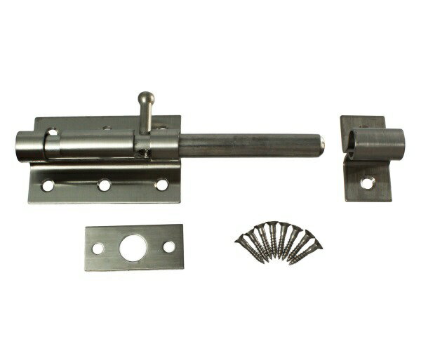 開き戸などを固定する金具です。防犯用補助錠金具開き戸等の施錠。ドアなどを内側から閉めるのに用います。耐腐食性に優れたステンレスです。サイズ： 150mm。