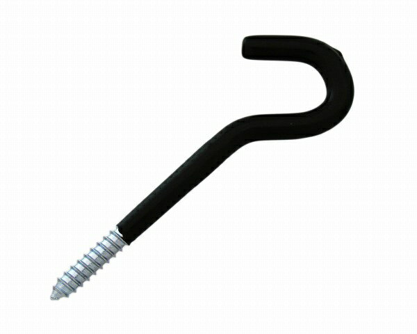 木材壁にがっちり取付けできる、シンプルな金属フックです。壁掛け・物掛けフックシリーズ壁面取付用吊り下げフック。取付ネジ一体型のフックです。サイズ： 8×80mm。カラー： 黒。入数： 1。