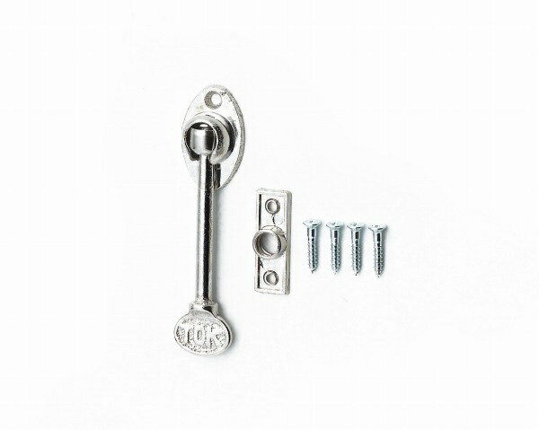 木枠の木製引き戸に使用するクルクル回す鍵です。防犯用補助錠金具■特徴： 厚さ36ミリの引き戸に使用。■材質： 本体/真鍮　ニッケルメッキ■入数： 　　1セット木製引戸の施錠。厚さ36mmの引き戸に使用できます。適用扉厚： 36mm。入数： 1。