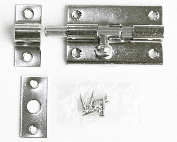 開き戸などを固定する金具です。防犯用補助錠金具■材質： ステンレス■入数： 1開き戸等の施錠。ドアなどを内側から閉めるのに用います。耐食性に優れるステンレス製のラッチです。サイズ： 大。本体金具ビスピッチ： 44.5mm。受け金具ビスピッチ...