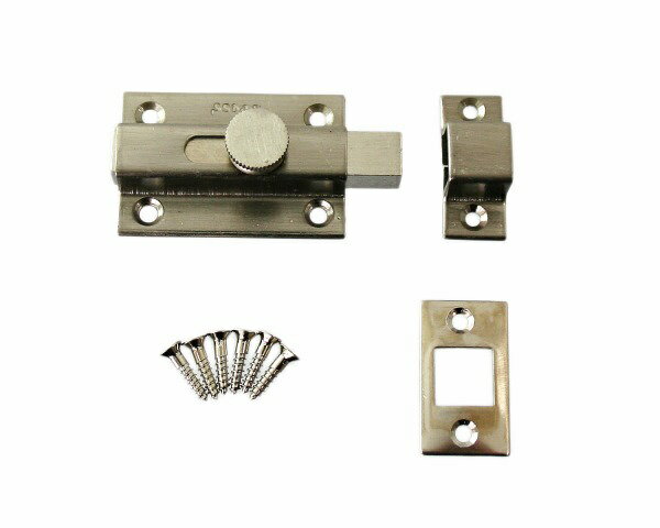 開き戸などを固定する金具です。防犯用補助錠金具開き戸等の施錠。ドアなどを内側から閉めるのに用います。サイズ： 45mm。本体金具ビスピッチ： 33mm。受け金具ビスピッチ： 22mm。