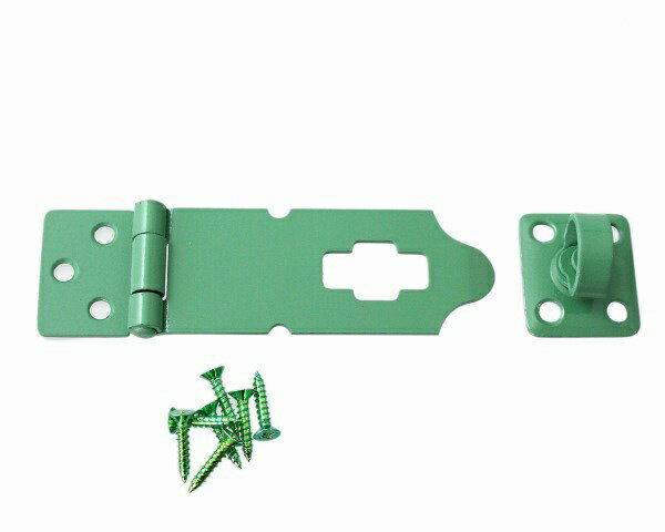 南京錠を取り付けることにより、いたずら行為の抑止にもつながります。防犯用補助錠金具ドアや戸の内締まり金具、物入や道具箱等のフタ部分の止め金具など。物入れ、ペット小屋・道具箱等の扉やふた部分の止め金具に最適です。サイズ： 95mm。カラー： 緑。