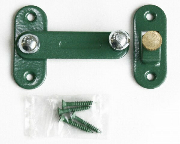 開き戸などを固定する金具です。防犯用補助錠金具■材質： 鉄■入数： 1開き戸等の施錠。扉の開き止めに便利です。サイズ： 大。本体金具ビスピッチ： 34mm。受け金具ビスピッチ： 34mm。