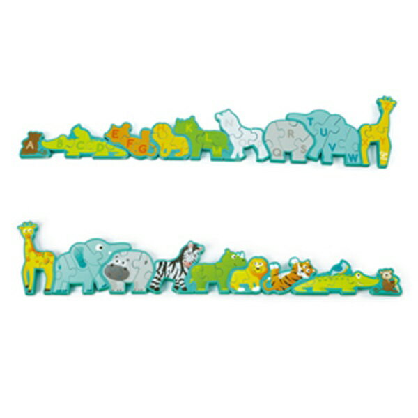 10匹のかわいい動物が描かれた26ピースのパズルです。各ピースの裏面にはアルファベットが書かれているので、アルファベットを学ぶ教材としてもご使用いただけます。