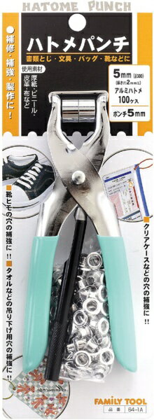5mm(#300)(厚さ約2mm迄) 、アルミハトメ100ヶ入 、ポンチ5mm。替えハトメ品番とサイズ：64-7A 約5.0mm。材質 プライヤー本体：スチール グリップ：PVC ポンチ：炭素鋼。