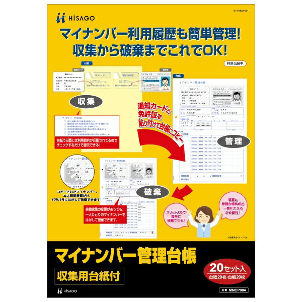 マイナンバーの収集と本人確認書類の収集・管理から破棄までできる、収集用台紙と管理台帳のセットです。通知カード(個人番号カード)と、免許証を台紙に貼りつけて管理台帳にコピーし、扶養家族のマイナンバーを記入して提出してもらえば、従業員の管理台帳...