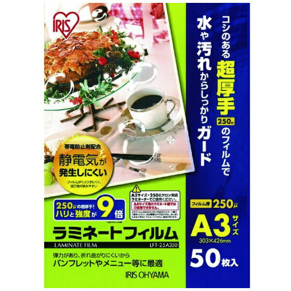 ■仕上がりが綺麗なラミネートフィルムです。【用途】・ラミネート加工に。【仕様】・A3サイズ用・タイプ：A3サイズ用・フィルムサイズ縦(mm)：426・フィルムサイズ横(mm)：303・厚さ(μm)：250【材質】・ポリエステル【注意】・A4...