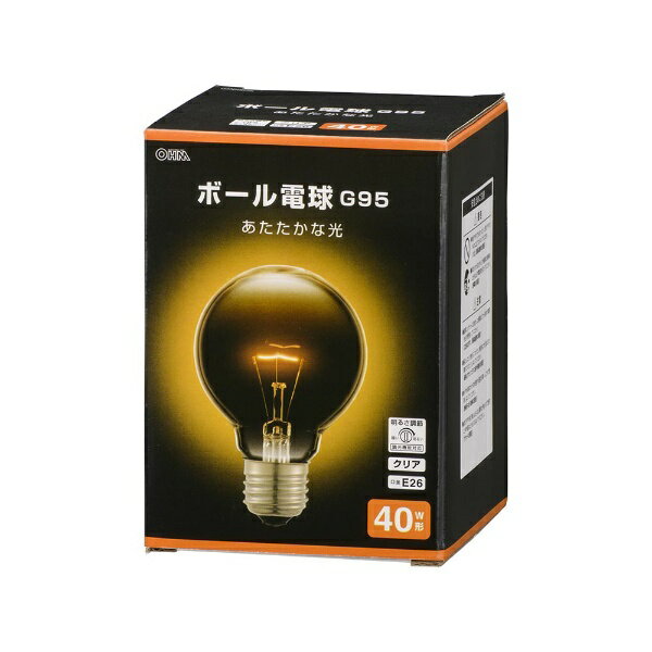 【 特 長 】 ● 口金E26、消費電力40W、G95形の白熱ボール電球 ● クリア仕上げ ● 光源色は電球色 ● 調光（明るさ調節）機能対応 【 仕 様 】 ■ 寸法：外径95mm×全長130mm ■ 質量：53g ■ 定格消費電力：38...