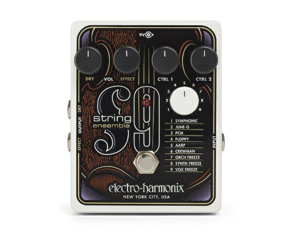 STRING9のロータリースイッチで下記の9つのプリセットが選択できます。・SYMPHONIC： 大編成のシンフォニックオーケストラ・サウンドをエミュレートしています。ギターの低音域にオクターブダウン・エフェクトが適用し、より壮大なサウンド...