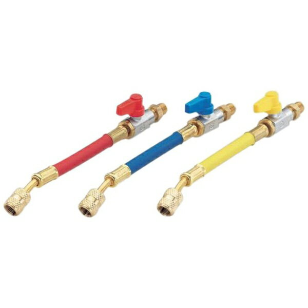 ●入数（個）： 1●色： 赤・青・黄●R404A、R407C、R507A、R134a●バルブ付●1/4 フレアオス×1/4 フレアメス（ムシ押し付）●全長（mm）： 190●交換用パッキン（別売）： TA133FP●ボールバルブ付なので手元...