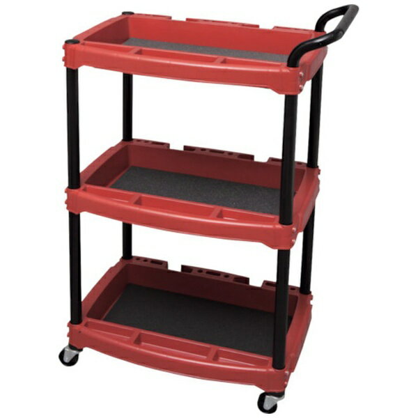 ■かさばる工具をまとめて収納できる工具用ワゴンです。【仕様】・最大積載量（kg/台）： 50・均等積載量（kg/段）： 15・色： レッド・間口（mm）： 650・奥行（mm）： 410・高さ（mm）： 975・ハンドルへの吊り下げ耐荷重：...