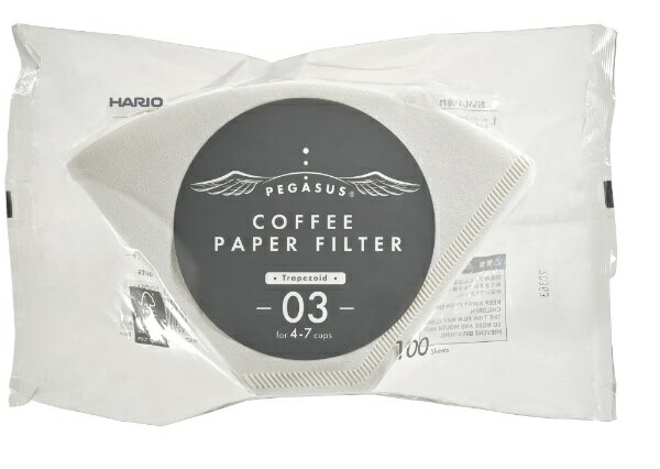 ハリオのペガサスドリッパー03（4〜7杯用）に最適なペーパーフィルターです。100枚入りで、ホワイトカラーです。台形ドリッパーでハンドドリップコーヒーを楽しむ方におすすめです。