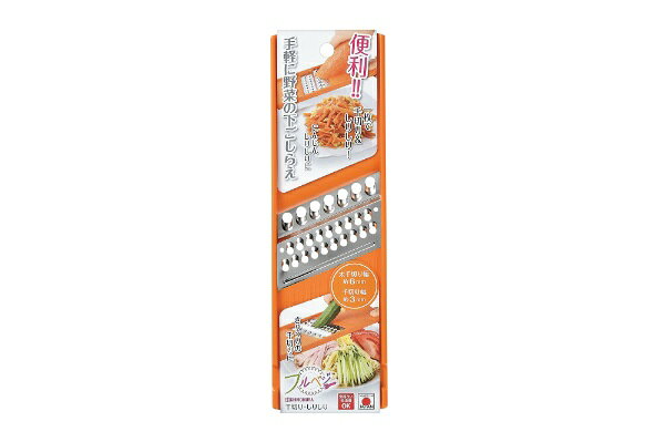 「フルベジ」シリーズの千切り・しりしり器です。ステンレスとABS樹脂を使用し、食器洗い乾燥機にも対応しています。表面で千切り、裏面でしりしりができ、きゅうりやにんじんの下ごしらえに便利です。コンパクトで使いやすいデザインです。