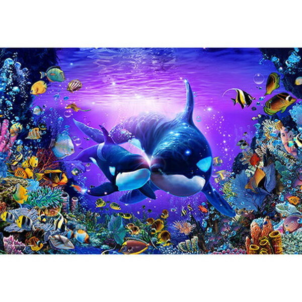 ラッセンが描く母なる海にシャチの親子が雄大に泳ぐ姿を表現。深い海の力強さも感じられる1枚。箔印刷により豪華絢爛なジグソーパズルを実現。【仕様】・ピース数： 300ピース・完成時サイズ： 26×38cm・対応パネルNo．： 3（C）Chris...