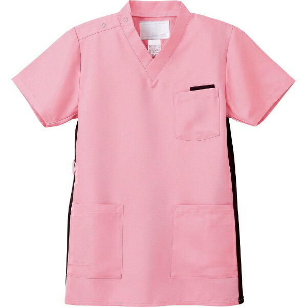 キャリアと知性を感じさせるスクラブデザイン。後ろ側がたつようにできた衿ぐりはPHSやネームプレートのストラップが首に巻きつかないための配慮です。右衿元にドットボタンをつけて着脱の便利さと、胸元の開きを押さえています。●左胸（PHSポケット付...