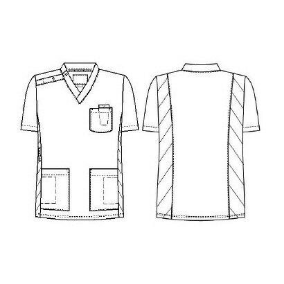 キャリアと知性を感じさせるスクラブデザイン。後ろ側がたつようにできた衿ぐりはPHSやネームプレートのストラップが首に巻きつかないための配慮です。右衿元にドットボタンをつけて着脱の便利さと、胸元の開きを押さえています。●左胸（PHSポケット付...