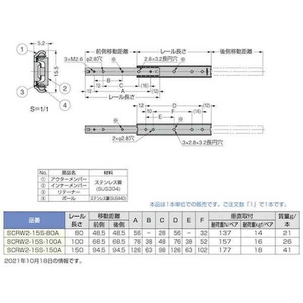 ■3／4スライド、2段引、両トラベルのスライドレールです。■高さ寸法が15.5mmと小さく、たわみを少なくする設計のため、さまざまな場所に使用できます。■食品機械用のグリス（NSF　H1登録品）を使用しています。【仕様】・両トラベル
