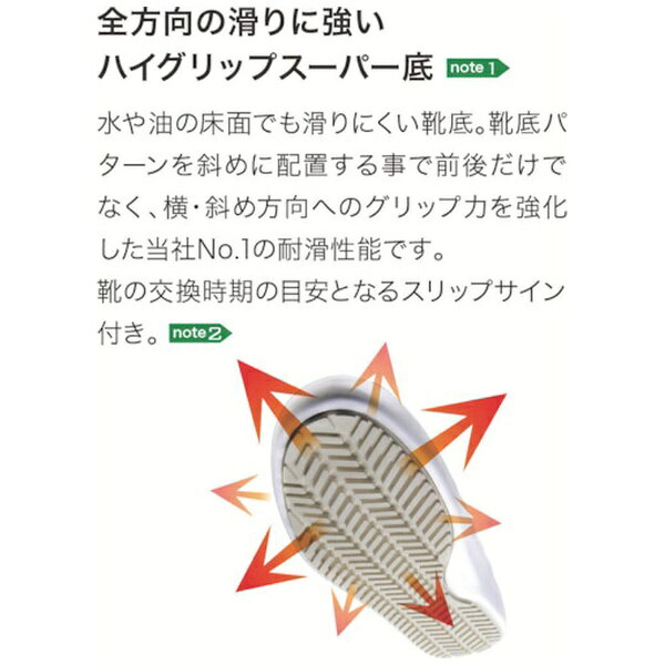 ■台車作業等から小指も保護出来る先芯を搭載しています。■全方向の滑りに強いハイグリップスーパー底です。■靴の交換時期の目安となるスリップサイン付です。■抗菌・防臭加工のインソールを使用しています。【用途】・製造業・食品工場・厨房・清掃作業等...