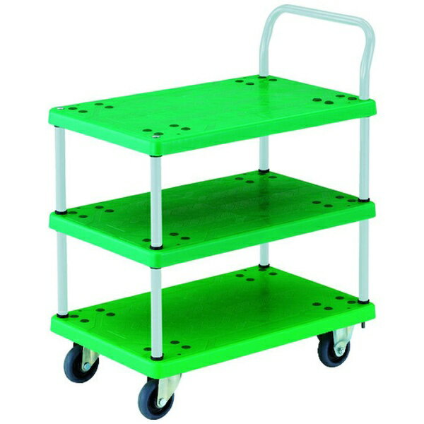 ■堅牢なリブ構造で耐久性に優れた樹脂台車です。■再生ポリプロピレン樹脂を使用し環境に配慮した台車です。■台車での小口荷物の集荷、配達用として便利です。■タイヤ痕の付きにくいグレーゴムを使用しています。【仕様】・均等荷重（kg）： 300・騒...