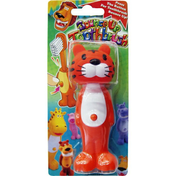 ビヨ〜ン と首が伸びるおもしろ歯ブラシ。おへそのボタンを押すと首が伸びちゃう。動物の顔のキャップ付き。ポップなカラーリングで歯磨きがタイムが いっそう楽しく！