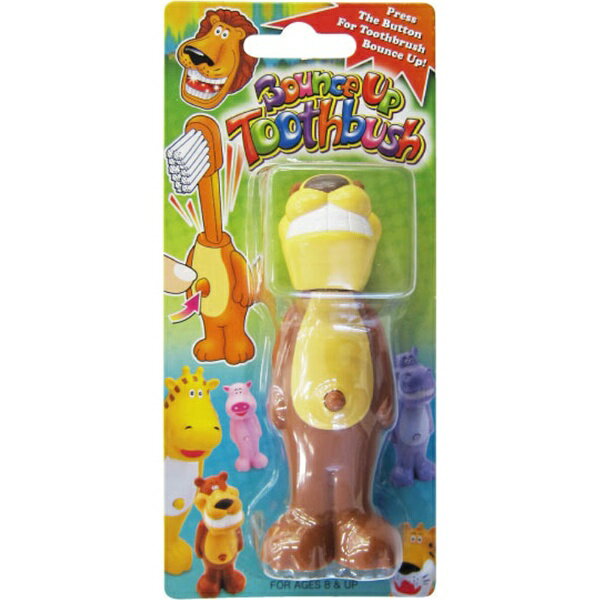 ビヨ〜ン と首が伸びるおもしろ歯ブラシ。おへそのボタンを押すと首が伸びちゃう。動物の顔のキャップ付き。ポップなカラーリングで歯磨きがタイムが いっそう楽しく！
