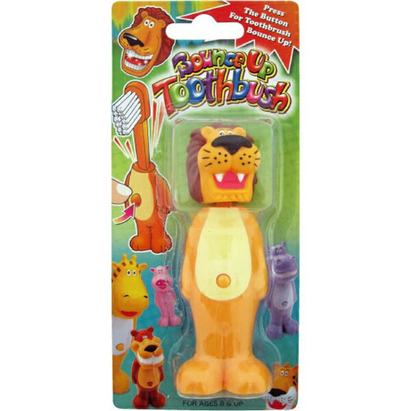 ビヨ〜ン と首が伸びるおもしろ歯ブラシ。おへそのボタンを押すと首が伸びちゃう。動物の顔のキャップ付き。ポップなカラーリングで歯磨きがタイムが いっそう楽しく！