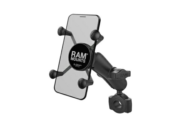 RAM MOUNTS(ラムマウント)を代表するスプリング式スマホホルダー「X-Grip」とアルミ製の標準アーム、一般的なオートバイのハンドルバーに取り付け可能なバーマウントベース(M)を組み合わせたマウントセット。「X-Grip」は、スマホ...