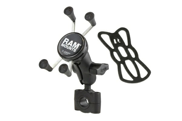 RAM MOUNTS(ラムマウント)を代表するスプリング式スマホホルダー「X-Grip」とアルミ製のショートアーム、一般的なオートバイのハンドルバーに取り付け可能なバーマウントベース(M)を組み合わせたマウントセット。「X-Grip」は、ス...