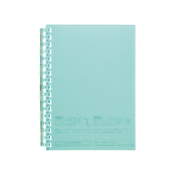 ●本体寸法：幅×奥行×高さ 111×12×148mm●本体重量：49g●規格：A6●収容量：リーフ30枚●材質：表紙／ポリプロピレン(生地厚0.5mm)、とじ具／ポリカーボネート、リーフ／上質紙●色：グリーン