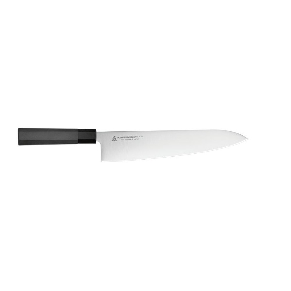 片岡製作所の牛刀包丁（W-1103）は、27cmの刃渡りで、全長418mm。本刃付け、本研刃造り、サブゼロ処理が施され、鋭い切れ味と耐久性を両立しています。ハンドルは大きく太く設計され、握りやすさも抜群。食洗機にも対応可能です。