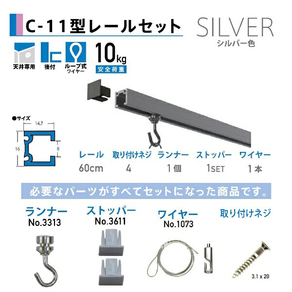 コンパクトで目立ちません。必要なパーツがすべてセットになった商品です。カラー：シルバー色入り数：レール本体　1、取り付けネジ　4、ランナー　1個、ストッパー　1SET、ワイヤー　1本天井用