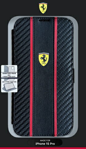 FERRARIライセンスケース iPhone15 Pro用 PUカーボン 手帳型ケース