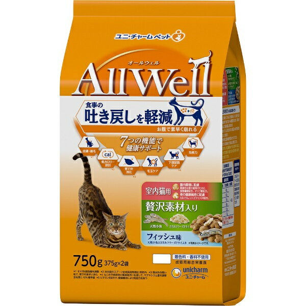 AllWell 室内猫用・腸内環境に配慮健康的な便の維持のために、食物繊維配合。オリゴ糖配合。・骨の健康維持に配慮カルシウム、リン、ビタミンDを配合。贅沢素材入り フィッシュ味・カルシウム豊富な天然小魚をそのままトッピング・低脂肪のささみを...