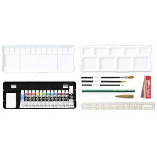 幅広い用途に対応したターナーの定番セット。30cm定規(別売)と絵具、筆、ミニタオルなど全て収納。11ml絵具が17本まで収納可能。よく使うホワイトは20ml入り。