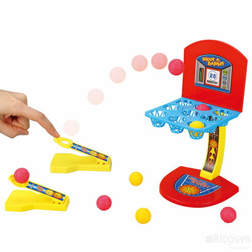 ボールを飛ばしてゴールに入れよう! サイズ：組立時：高さ260×幅125mm セット内容：ボード×1、リング×1、支柱×1、ベース×1、バウンド台セット×1、ボール(赤・黄)×各5 重量：110g 材質：PS・PP・PE ミニバスケットボー...