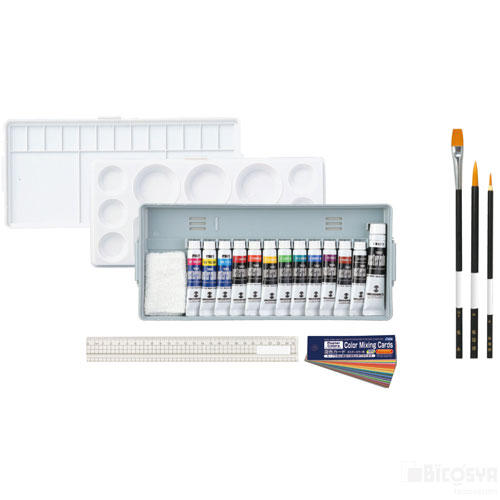 混色に最適な三原色が入ったセット！（1）混色の学習に最適な三原色カラー入り！（2）25cm定規と絵具、筆、ミニタオルなどをコンパクトに収納！（3）汚れが目立ちにくいグレーのケース！ サイズ：138×300×35mm（収納時） セット内容：タ...
