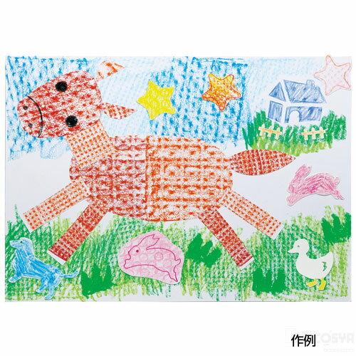 凸凹の素材を活かしてお絵描きをしよう！凸凹の素材を活かしたおえかきができます サイズ：165×216mm セット内容：でこぼこシート×1、抜き型シート×1、画用紙 8切×2、名前札×1 重量：45g 材質：紙、プラスチック 包装形態：袋入 ...