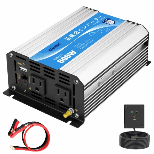 インバーター 12V 100V 正弦波 600W DC12VをAC100Vに変換 55Hz 2.4A USBポート ACコンセント 2口 リモコンつき 太陽光発電 地震停電 防災予備品 車中泊 船 RV キャンプ 非常用 GIANDEL 【...