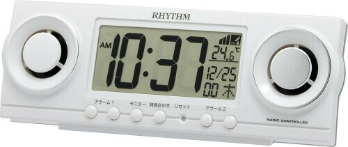 リズム(RHYTHM) 大音量 目覚まし時計 電波時計 デジタル 20種音 & ダブル アラーム フィットバトラージューク 白 サイズ:6.5x17.5x4cm、質量0.18kg 使用電源:アルカリ単3形x2本(別売) ダブルアラーム(2つ...